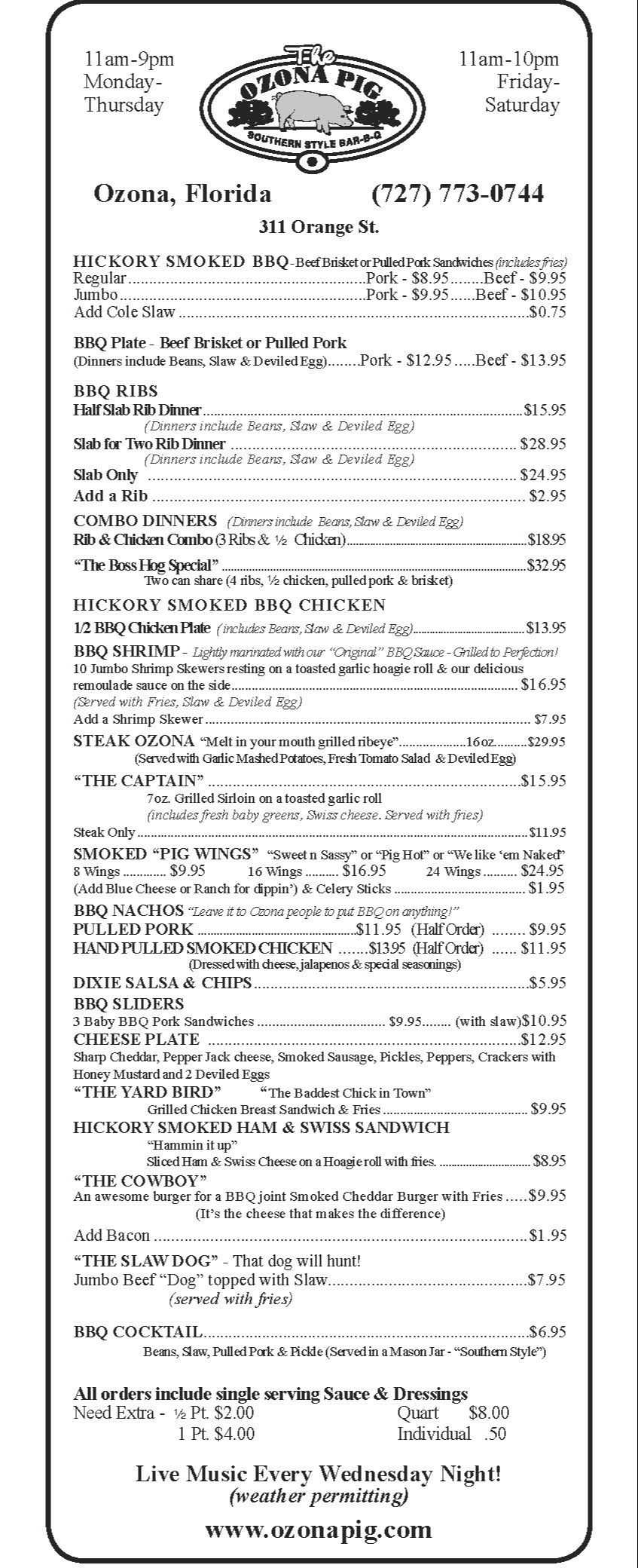 The Ozona Pig Takeout Menu - The Ozona Pig