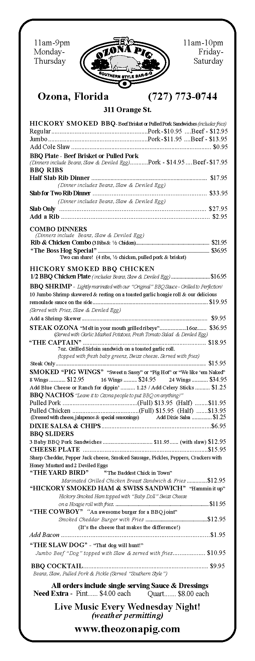 The Ozona Pig Takeout Menu - The Ozona Pig