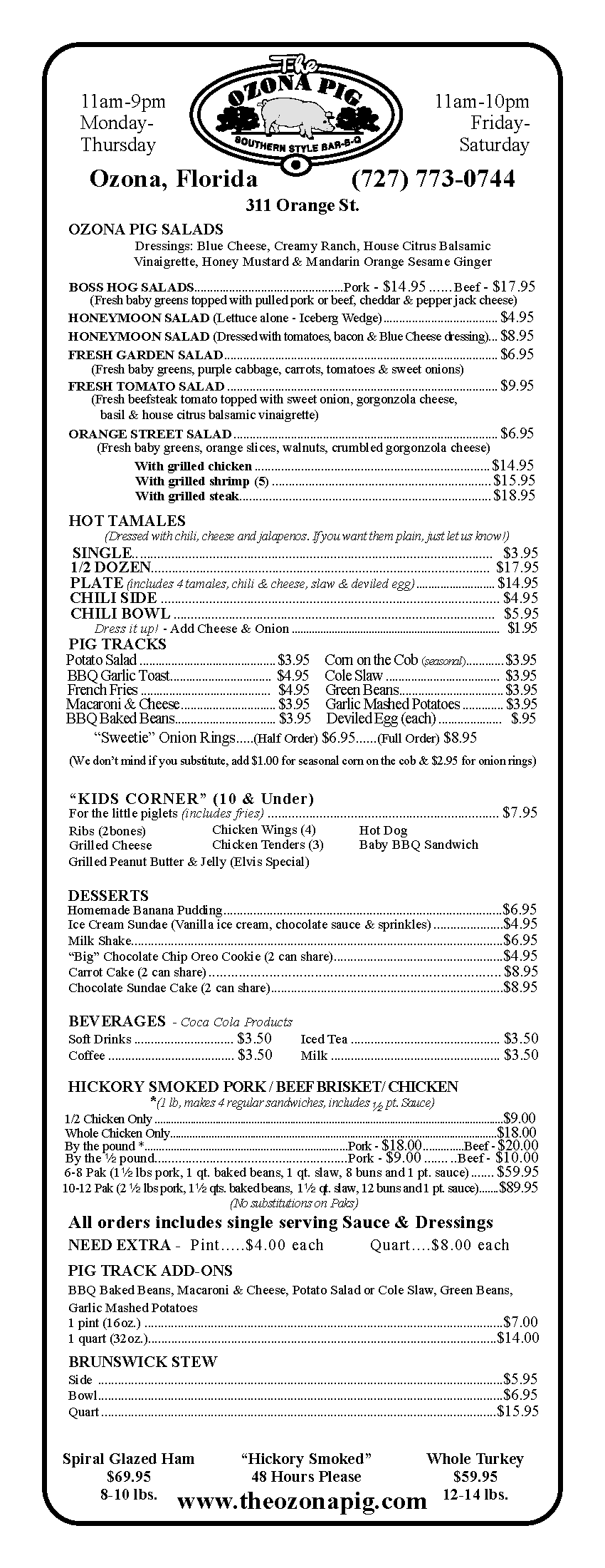 The Ozona Pig Takeout Menu - The Ozona Pig