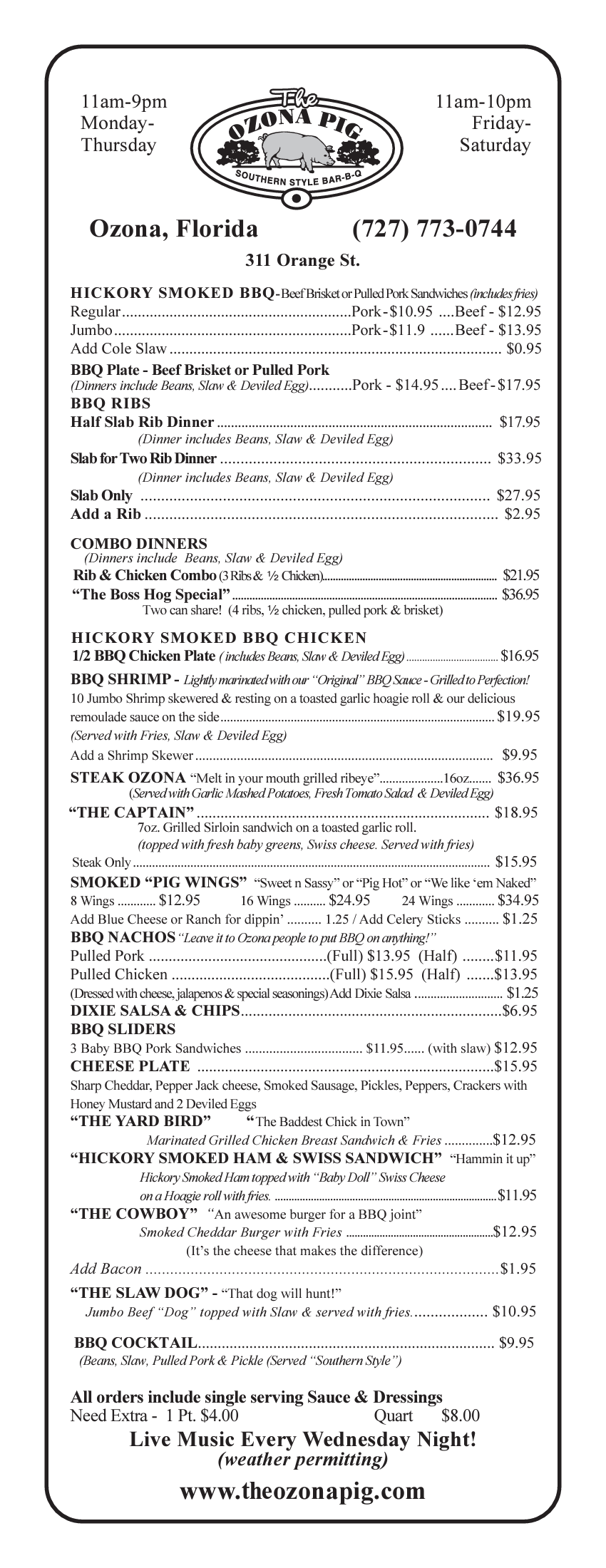 The Ozona Pig Takeout Menu - The Ozona Pig
