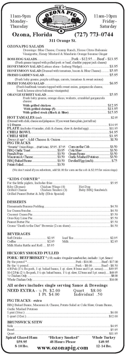 The Ozona Pig Takeout Menu - The Ozona Pig
