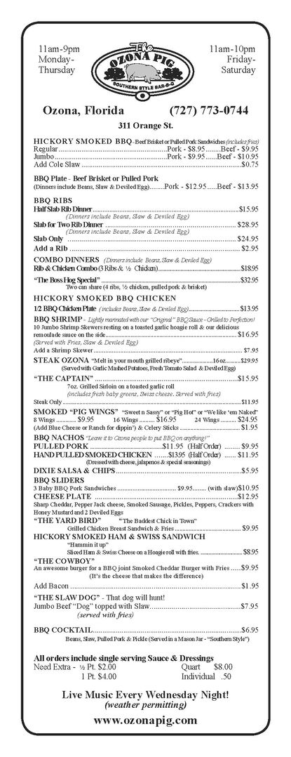 The Ozona Pig Takeout Menu - The Ozona Pig