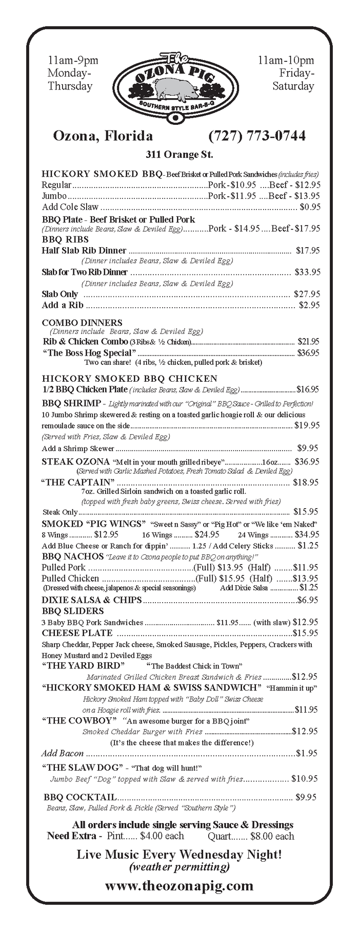 The Ozona Pig Takeout Menu - The Ozona Pig