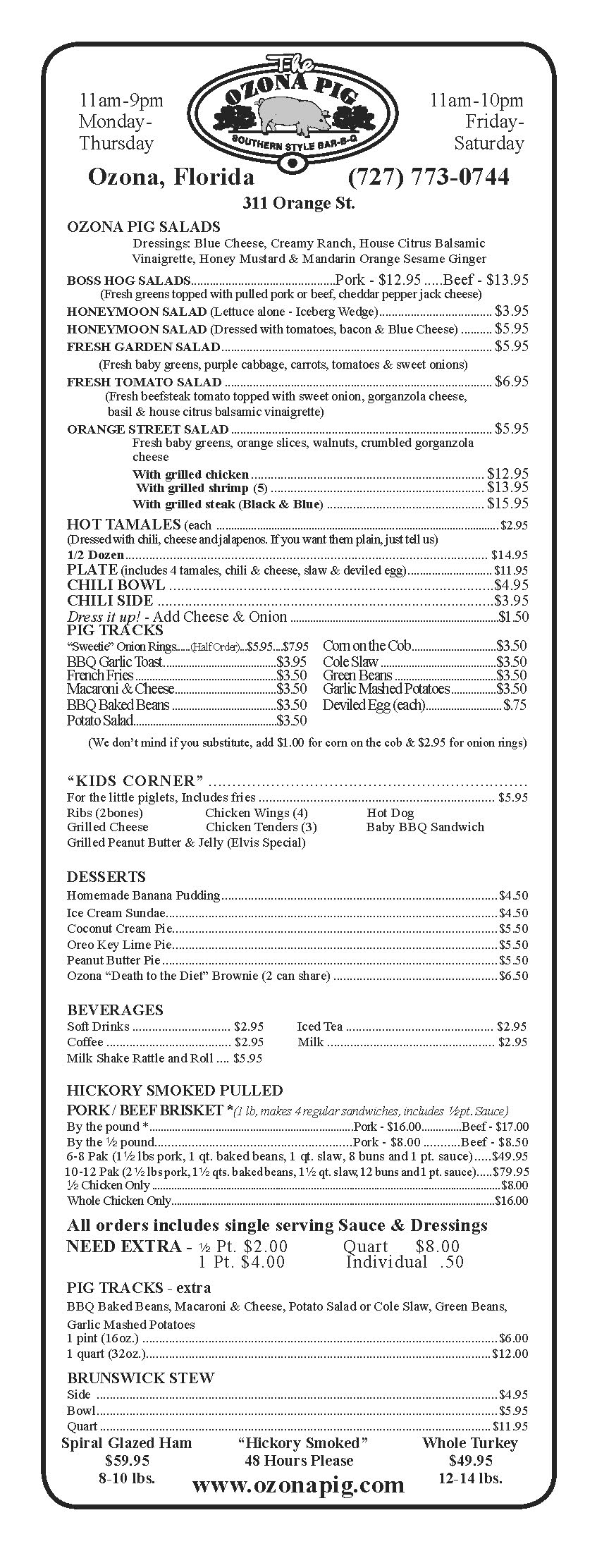 The Ozona Pig Takeout Menu - The Ozona Pig